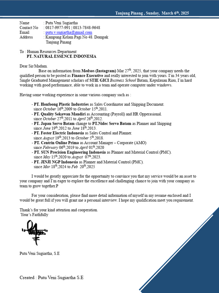 Finance Executive - PT. Natural Essence Indonesia - Putu Veni Sugiartha ...