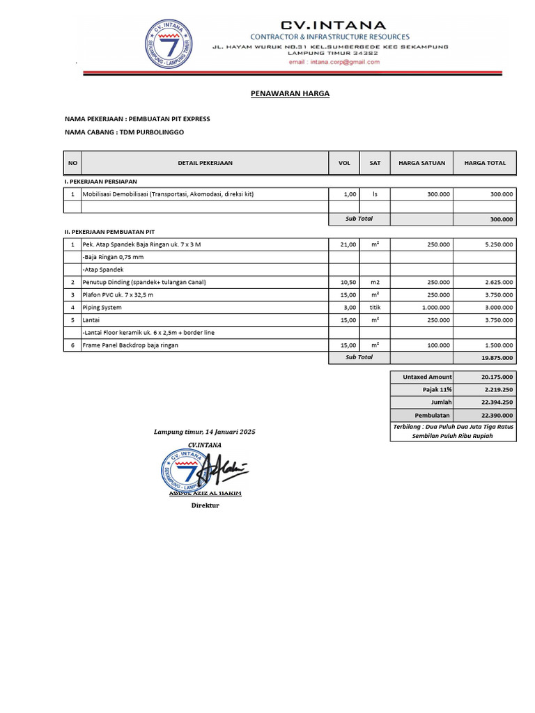 Penawaran Pit Express TDM Purbolinggo Cv. Intana | PDF