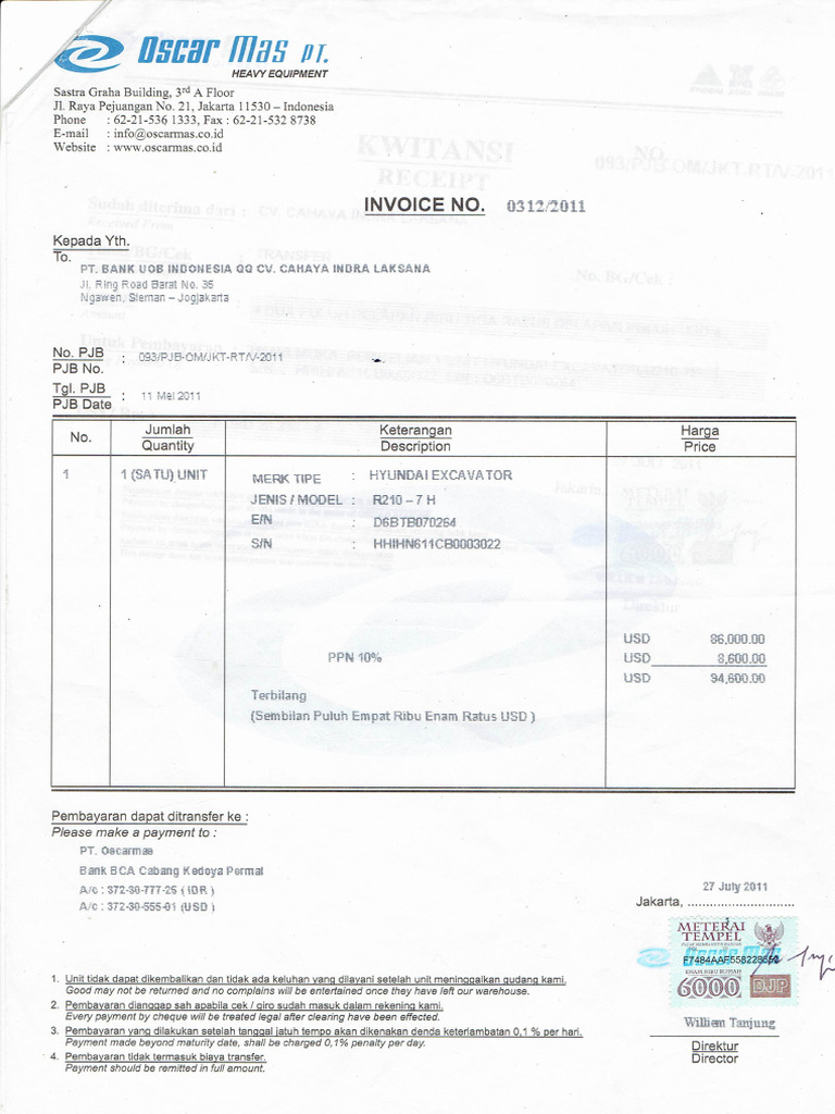 Invoice Excavator Hyundai R 210 7 H Sn Hhihn611cb0003022 Th 2011 Pdf
