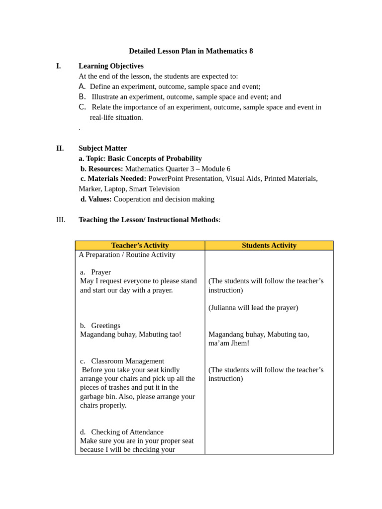 Detailed Lesson Plan in Mathematics REVISED | PDF | Probability ...