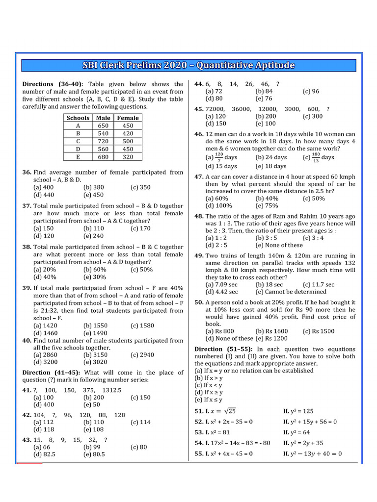 SBI Clerk Prelims 2020 Quantitative Aptitude | PDF