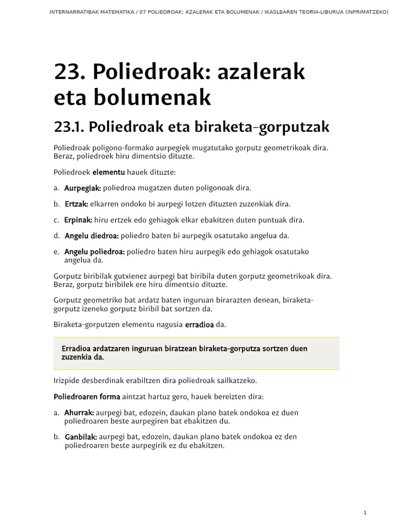 07 Poliedroak - Azalerak Eta Bolumenak - Ikaslearen Teoria-Liburua (Inprimatzeko) | PDF