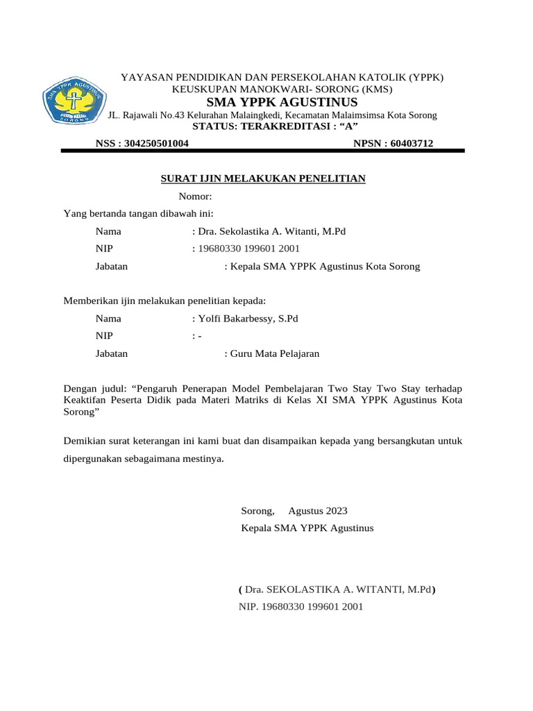 Surat Izin Penelitian di SMA YPPK Agustinus | PDF