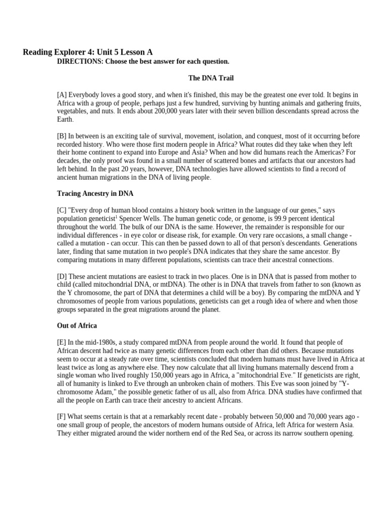 Reading Explorer 4 Unit 5 Lesson A | PDF | Mitochondrial Dna | Genetics