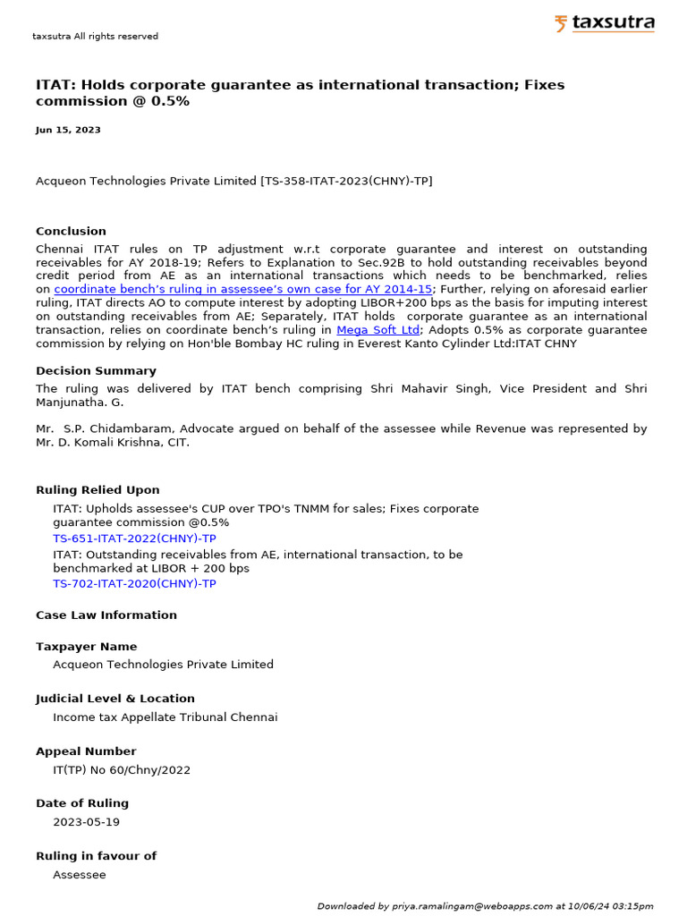 TS 358 Itat 2023chny TP TP - Acqueon - Technologies | PDF | Interest | Libor