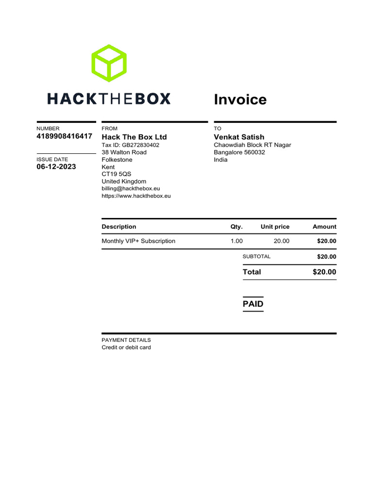 Hack The Box Invoice #4189908416417 | PDF