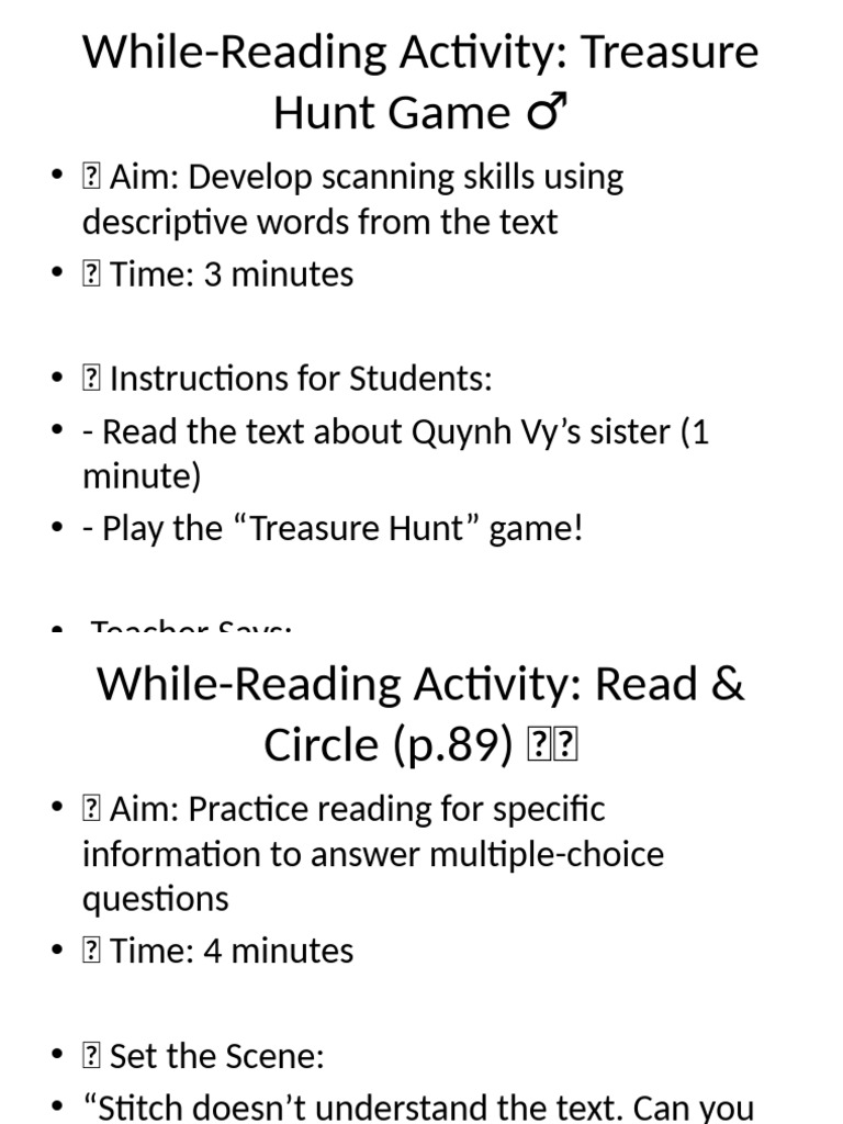 While-Reading Activities Treasure Hunt and Read Circle | PDF