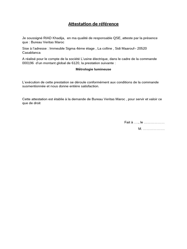 Attestation de référence pour Bureau Veritas | PDF