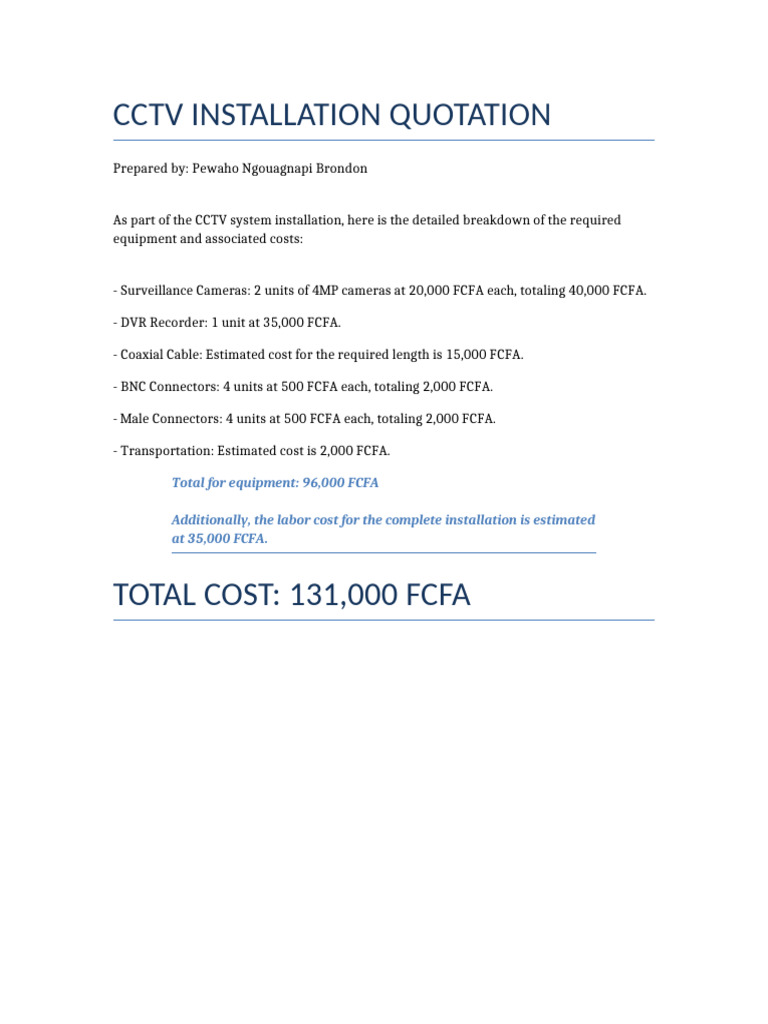 CCTV Installation Quotation Pewaho | PDF