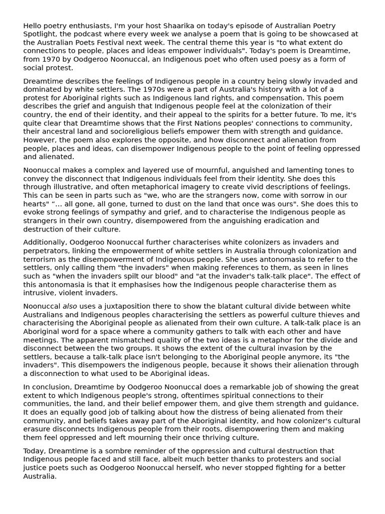 English Script - Analysis of Dreamtime by Oodgeroo Noonuccal | PDF ...