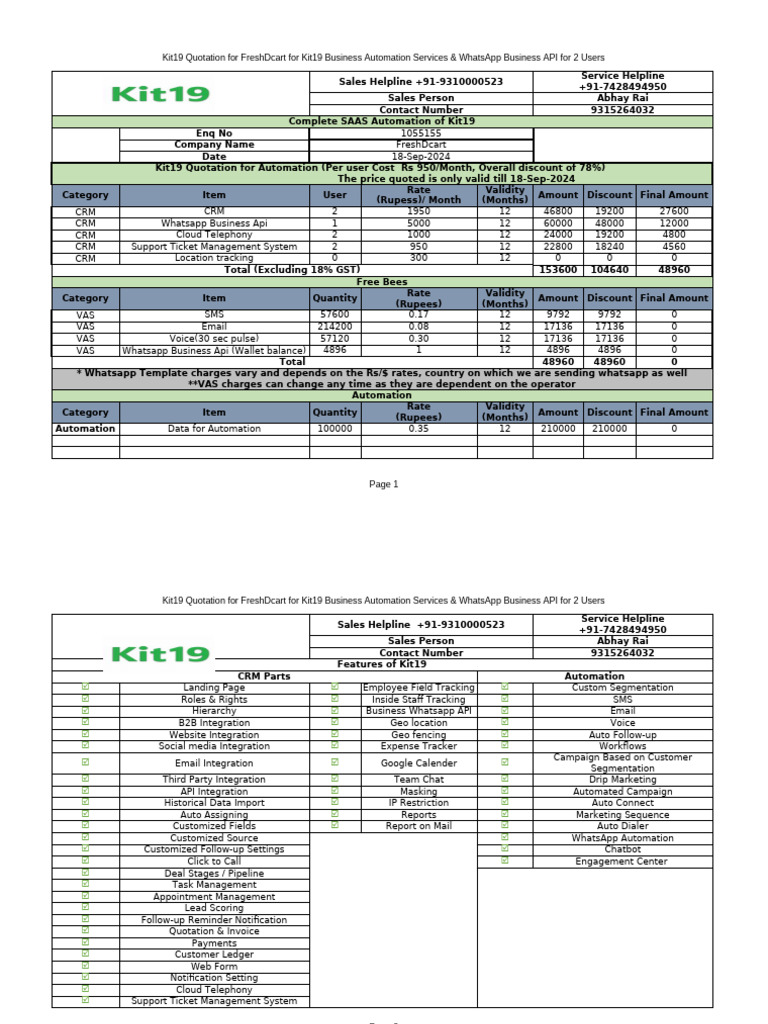 Kit19 Quotation For FreshDcart For Kit19 Business Automation Services & WhatsApp Business API ...