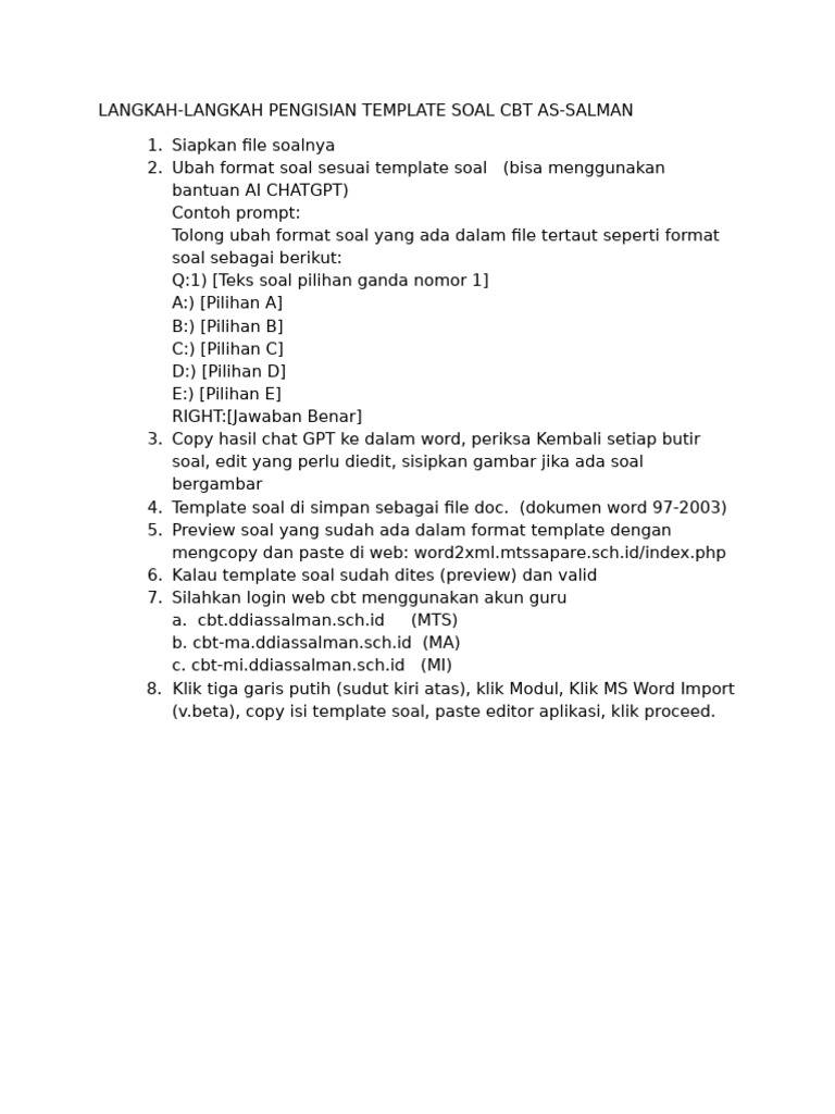 Langkah Penggunaan Template Soal CBT As-Salman | PDF