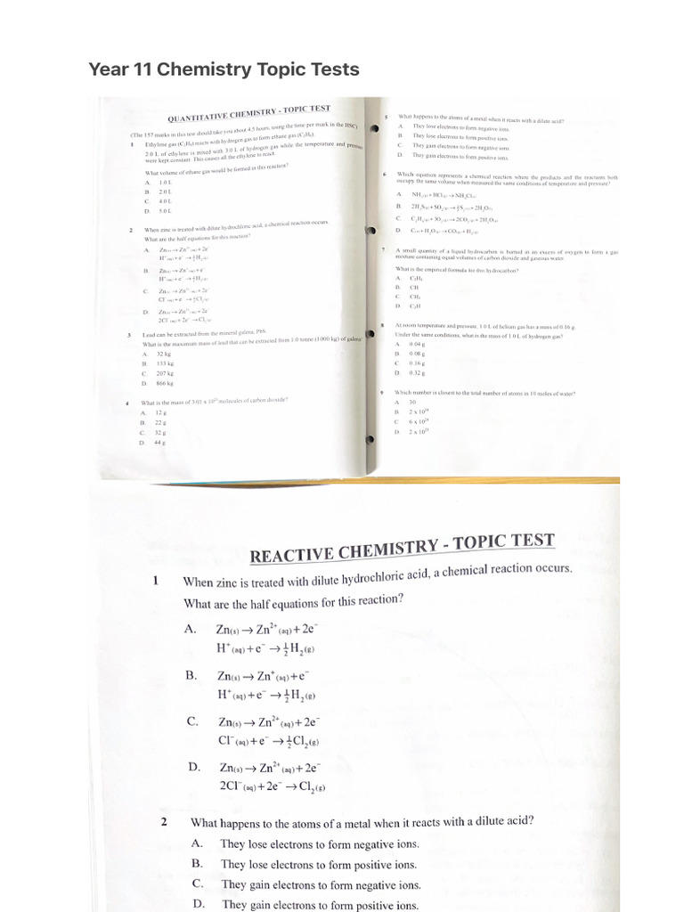 Year 11 Chemistry Topic Tests | PDF