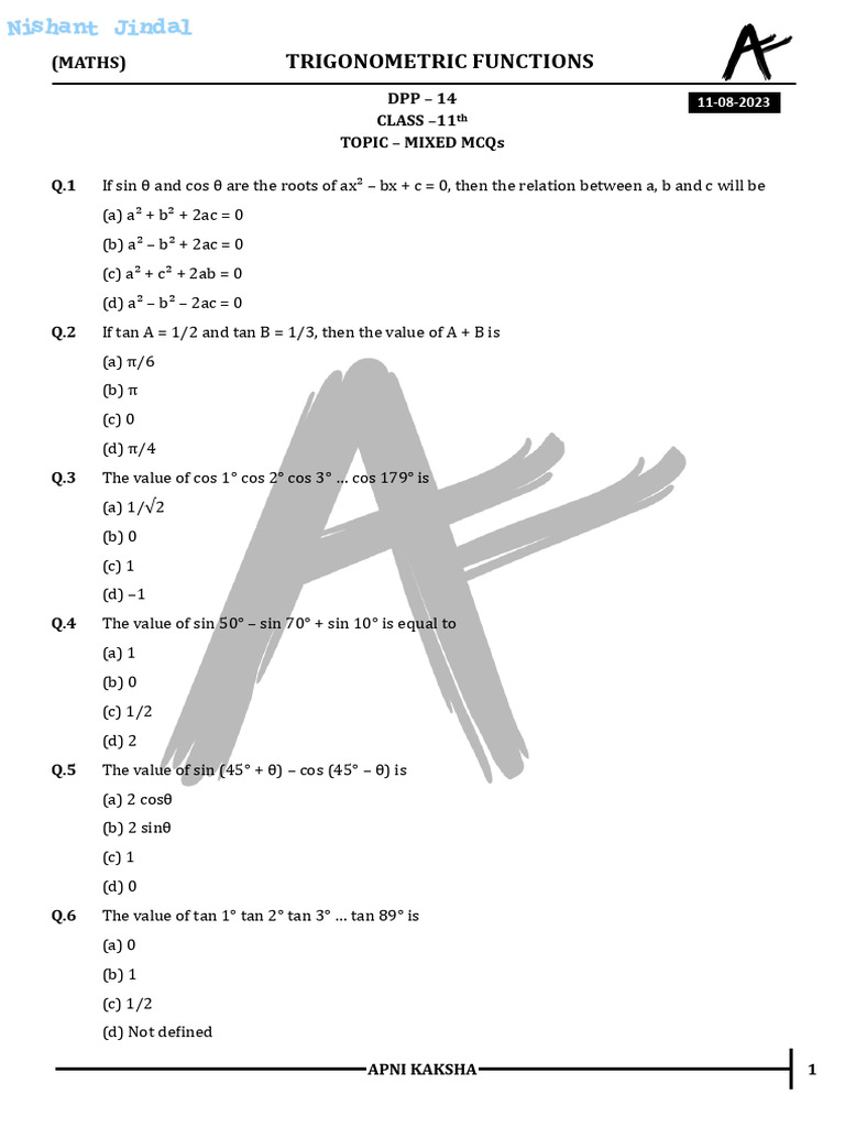 DPP 14 Trigonometric Functions Trigonometric Equa NJ 247 | PDF