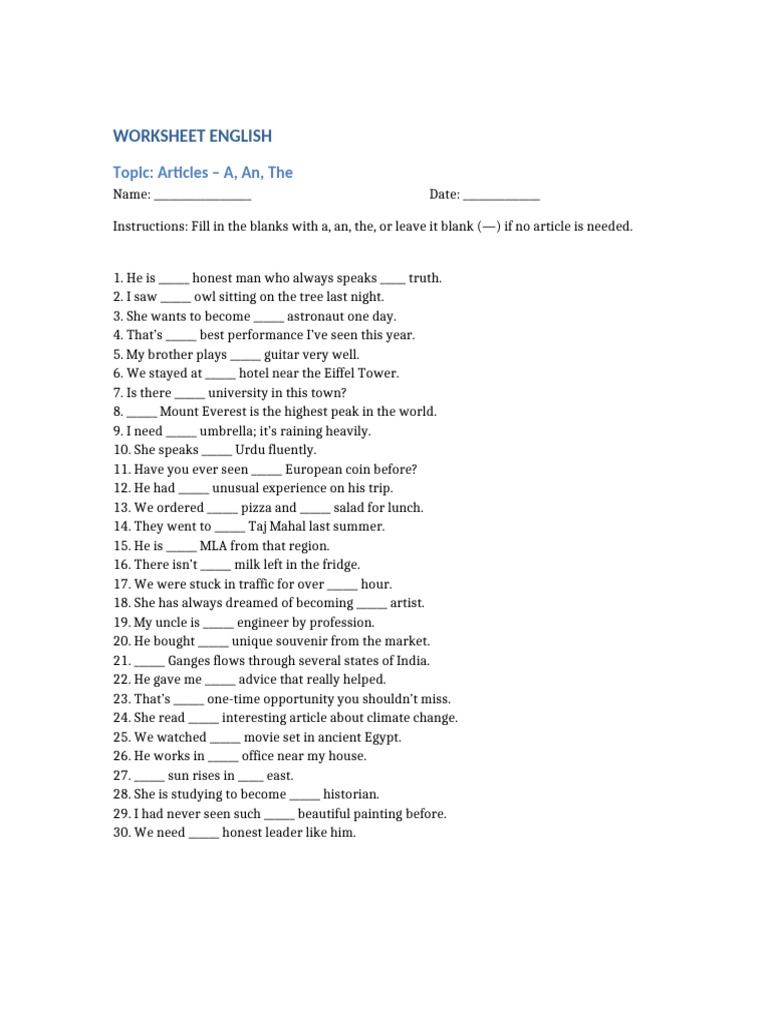 Grade 7 Articles Worksheet | PDF