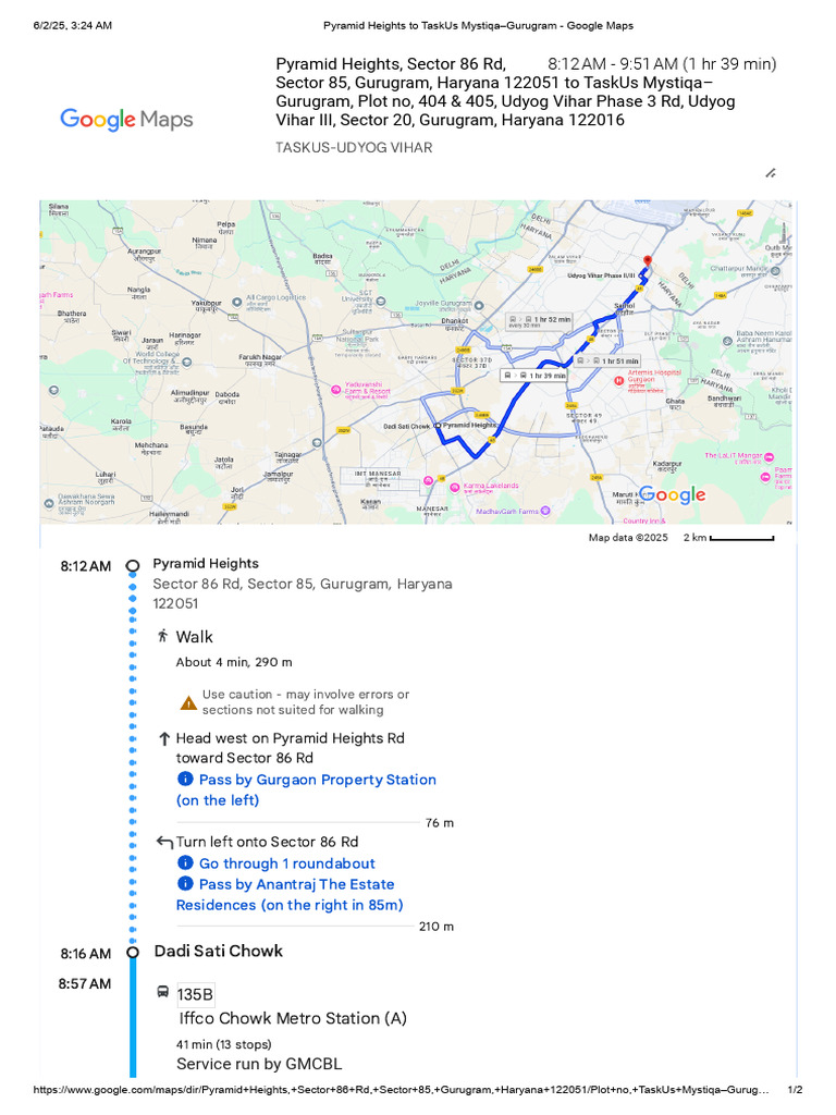 Pyramid Heights to TaskUs Mystiqa–Gurugram - Google Maps | PDF