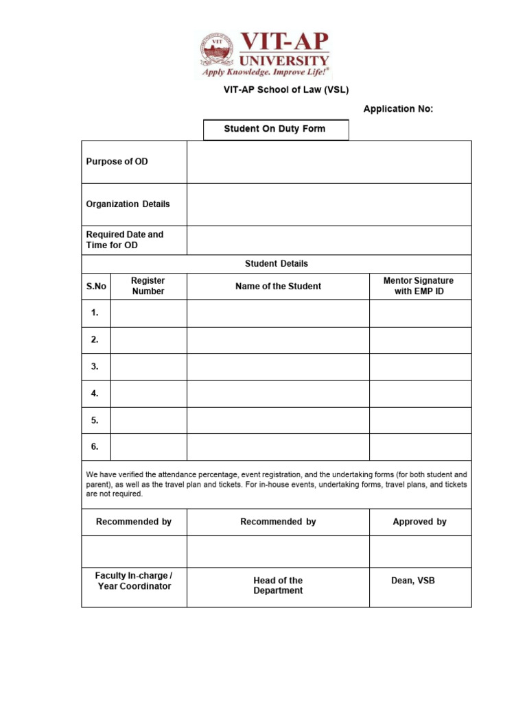 VSL Student OD Form | PDF