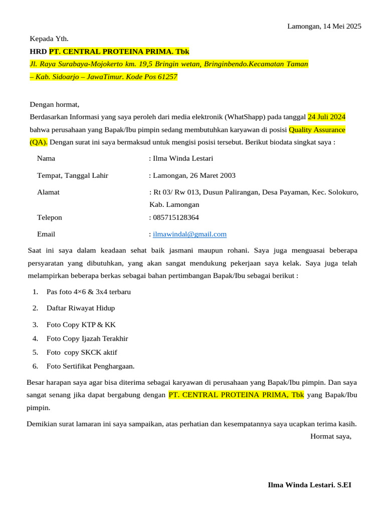 Surat Ilma Winda Lestari | PDF