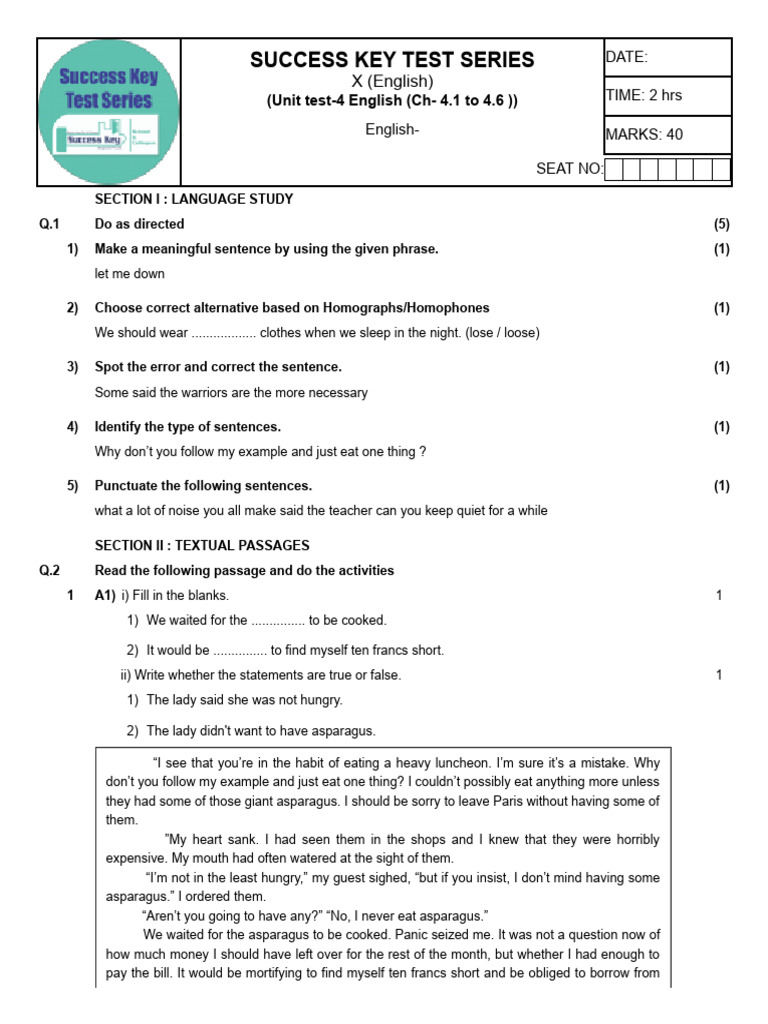 Class 10 E Unit - 4 English Q | PDF | Linguistics
