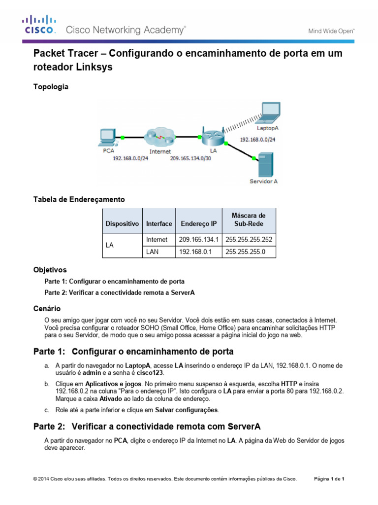 5.2.4.4 Packet Tracer - Configuring Port Forwarding On A Linksys Router Instructions | PDF