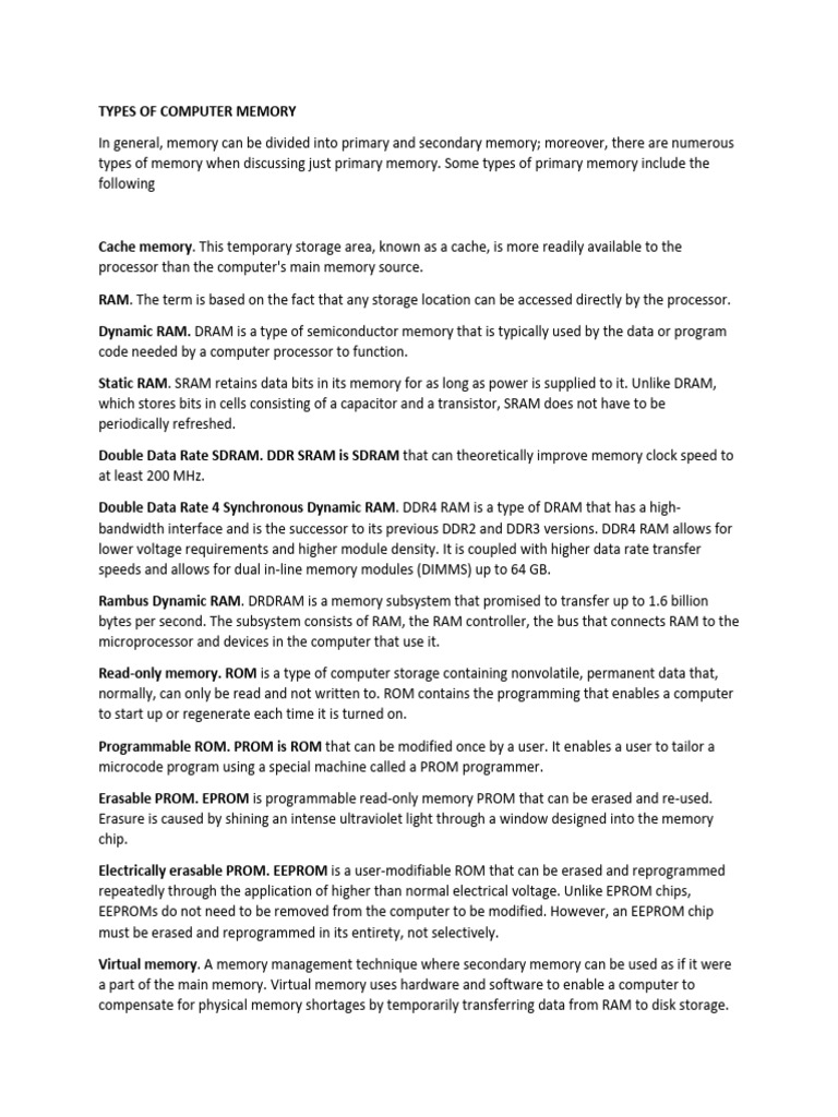 Types of Computer Memory | PDF | Random Access Memory | Dynamic Random Access Memory