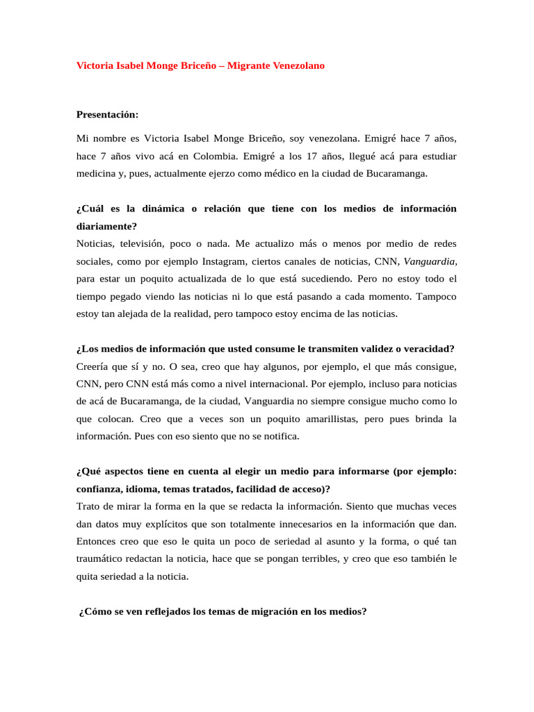 Victoria Monge - Migrante Venezolana | PDF | Migración humana