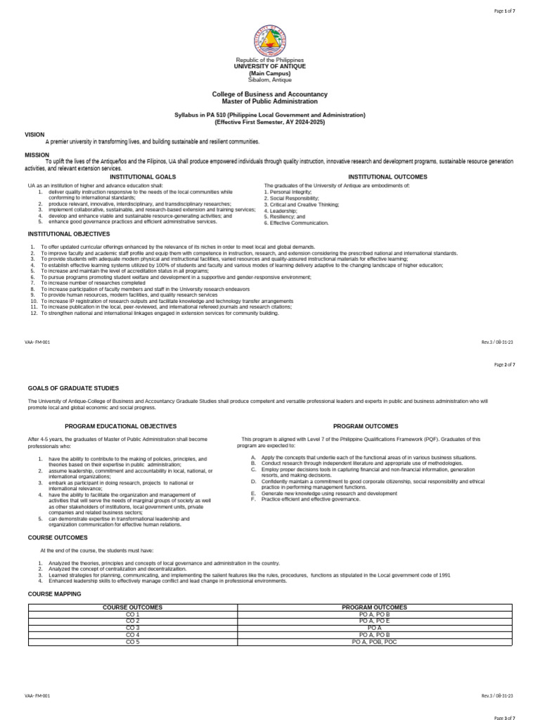 Philippine Local Government Syllabus PA 510 | PDF | Governance | Public ...