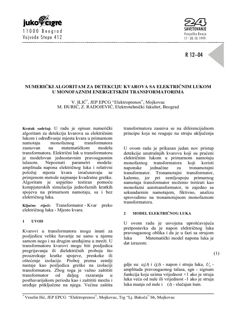 Numerički Algoritam Za Detekciju Kvarova Sa Električnim Lukom U Monofaznim Energetskim | PDF
