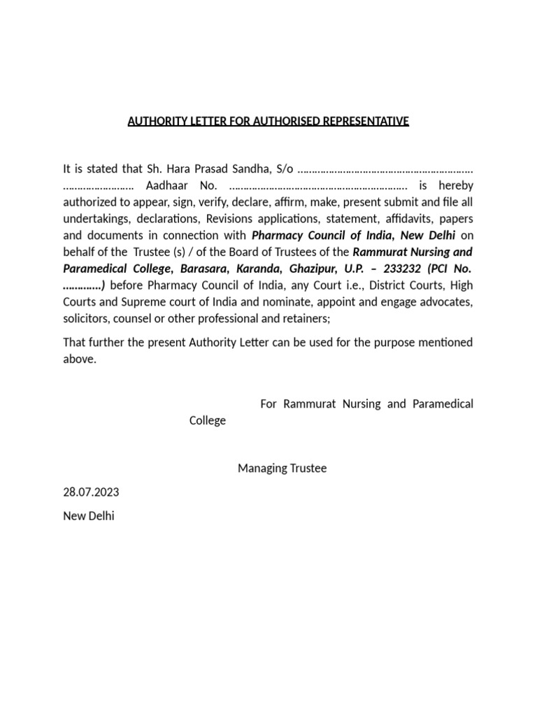 Authority Letter For Authorised Representative | PDF