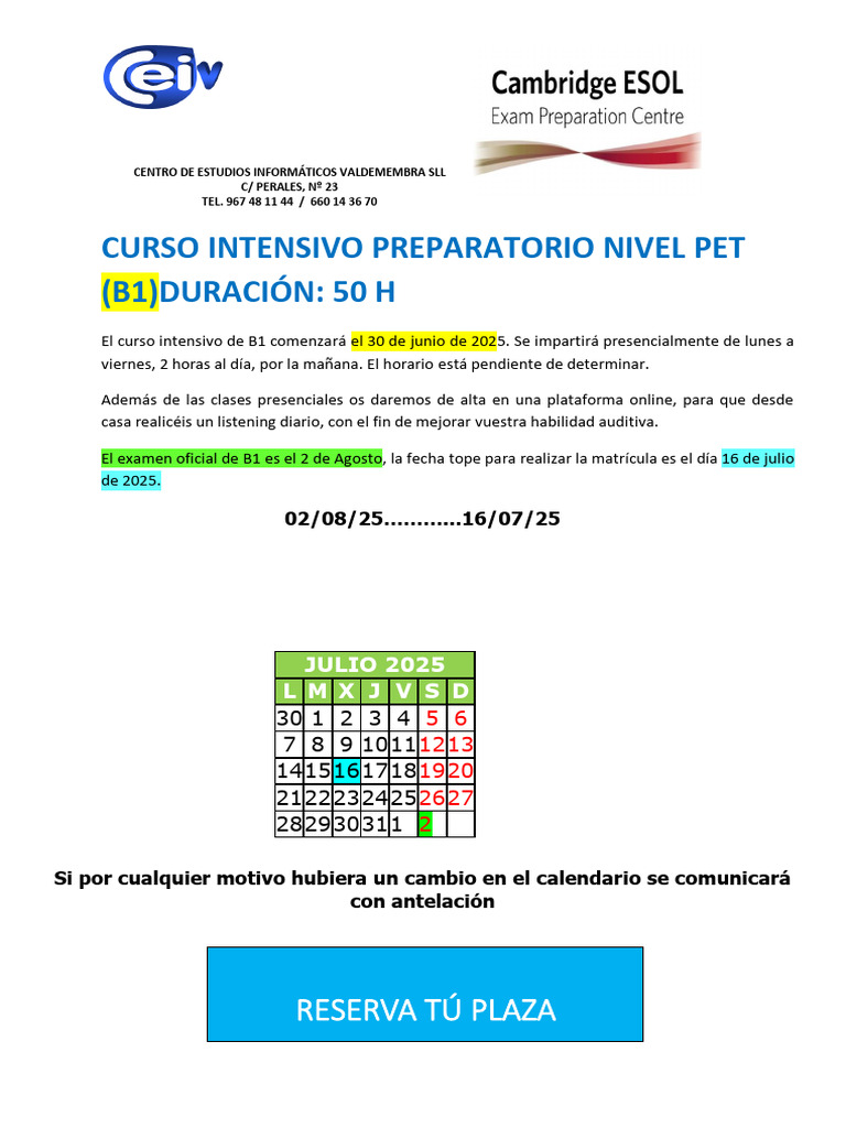 Curso Intensivo B1 en Valdemembra 2025 | PDF