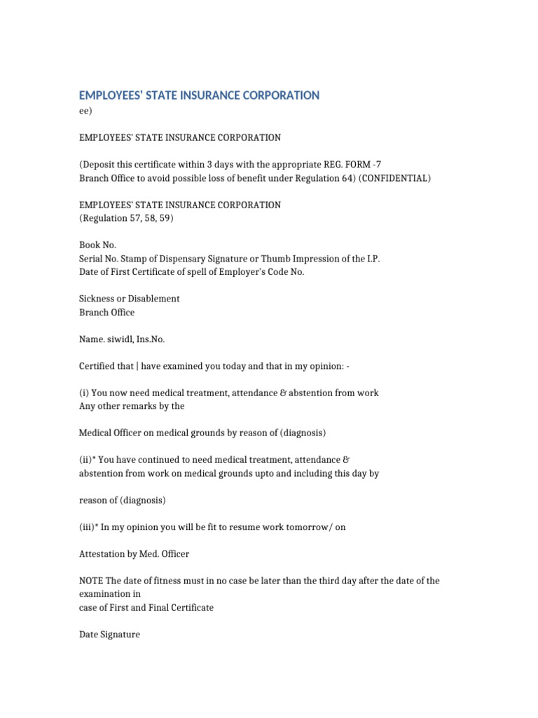 ESIC Medical Certificate Submission Guide | PDF