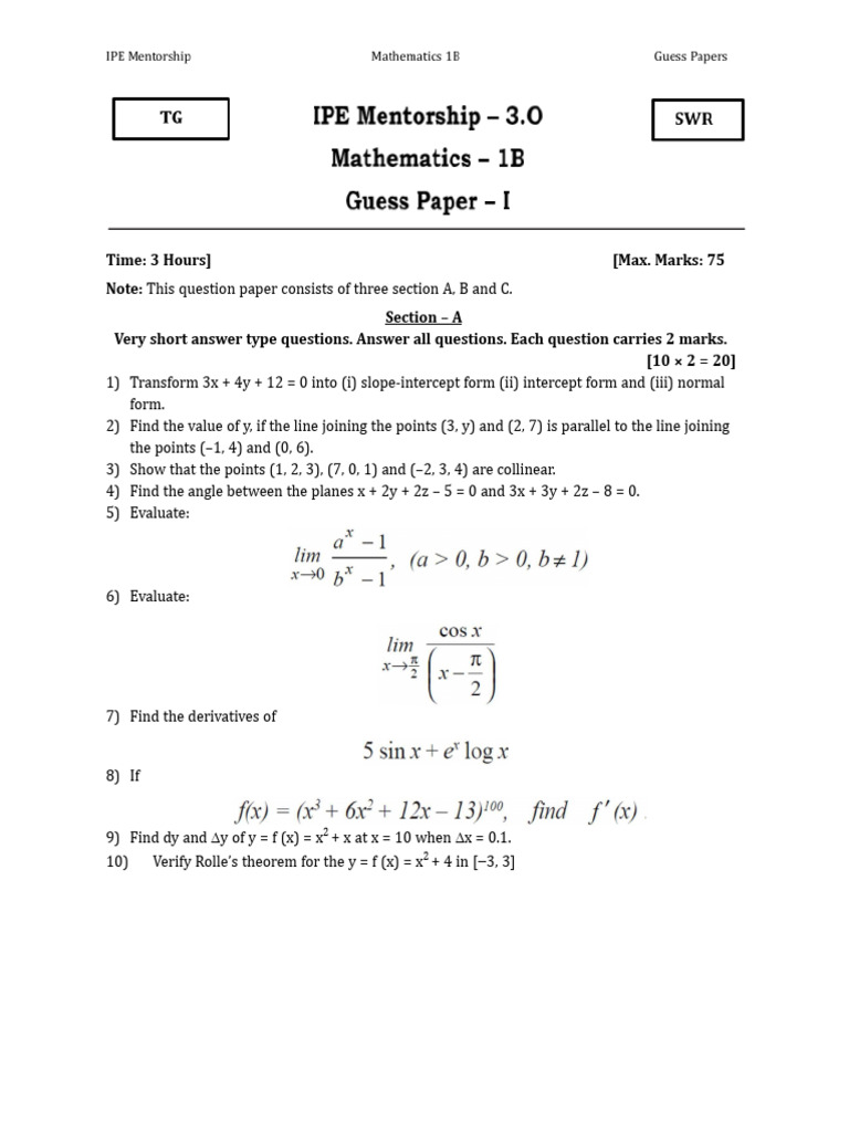 TG 1B Guess Papers New | PDF | Triangle | Line (Geometry)