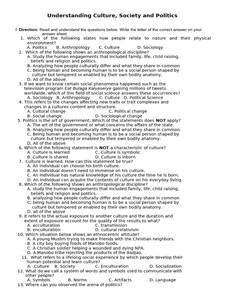Understanding Culture Society Politics Reviewer | PDF | Anthropology ...