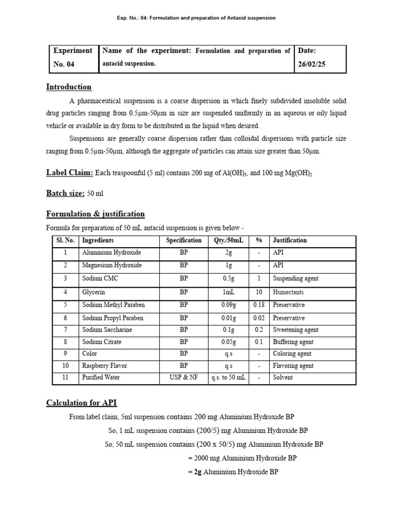 Antacid Suspension Formulation Guide | PDF | Suspension (Chemistry ...