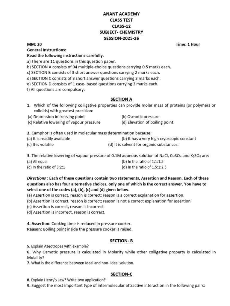 Class Test CHP - Solution | PDF | Concentration | Physical Chemistry