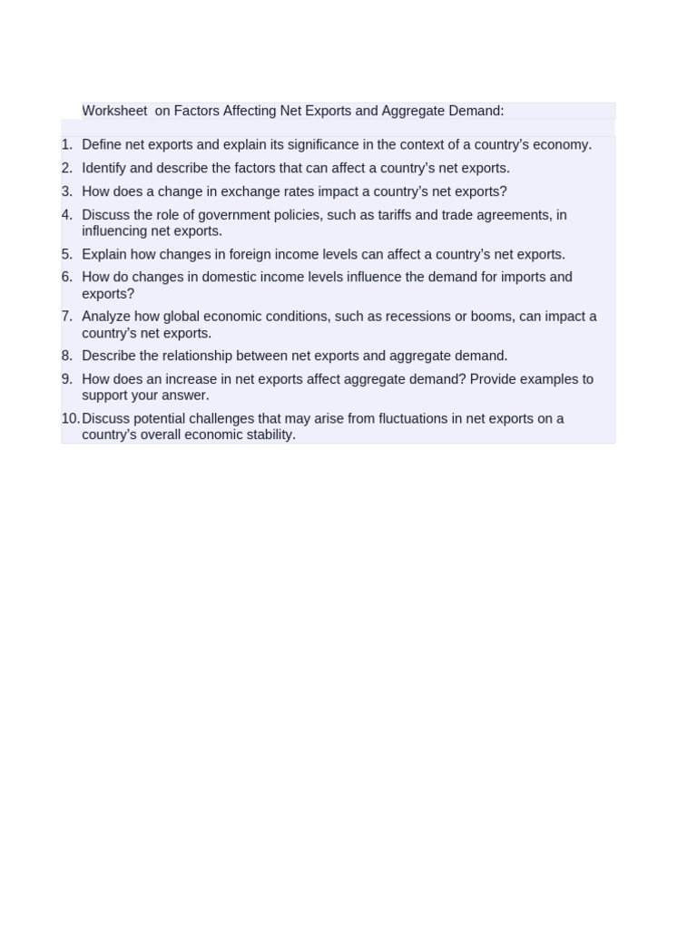 Worksheet On Factors Affecting Net Exports and Aggregate Demand | PDF