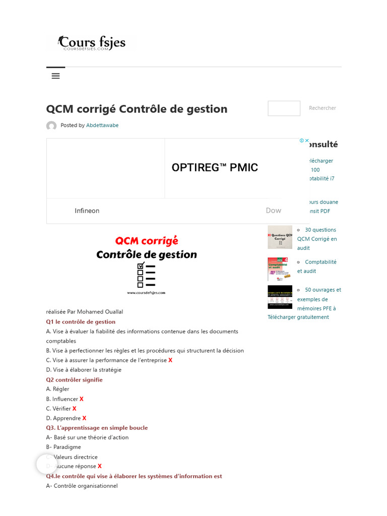 QCM Corrigé sur le Contrôle de Gestion | PDF | Audit | Économie d ...