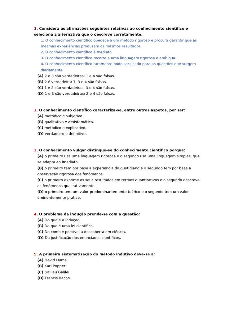 Ficha de Trabalho Filosofia Da Ciência | PDF | Falsificabilidade | Karl Popper