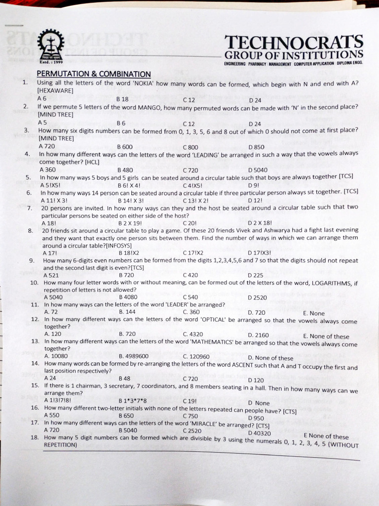 Permutation and Combination Questions by Hariom Sir | PDF