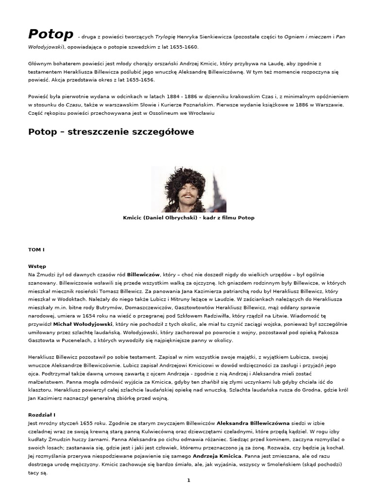 Potop - Streszczenie Szczegółowe | PDF
