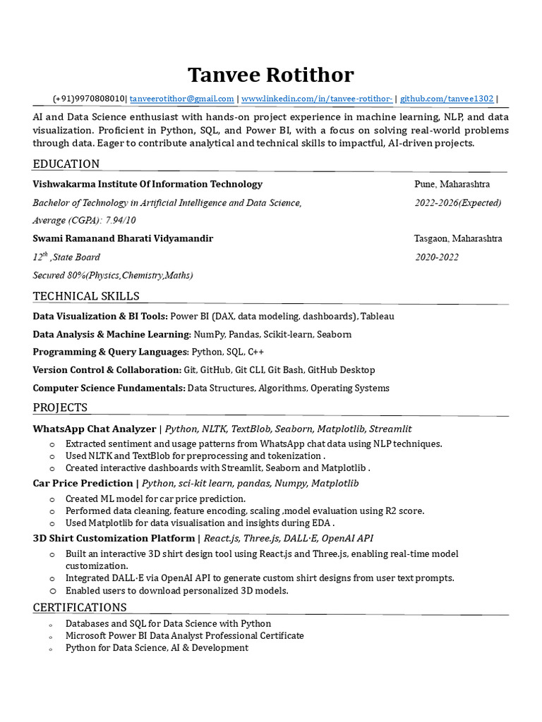 Tanvee Rotithor VIIT CV-1 | PDF | Data Science | Machine Learning