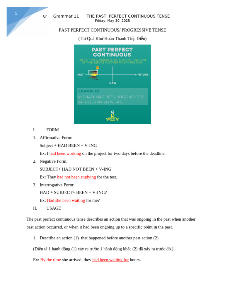 Grammar 11 Past Perfect Continuous Tense | PDF | Grammatical Tense | Syntax