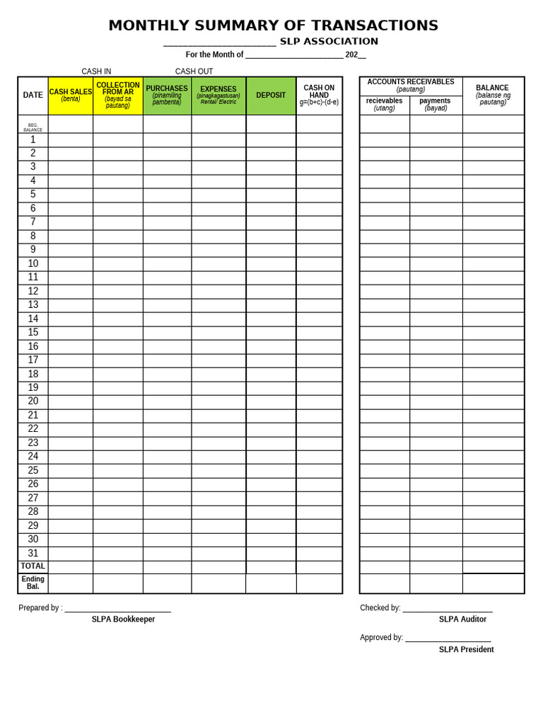 Monthly Transaction Summary for SLP | PDF