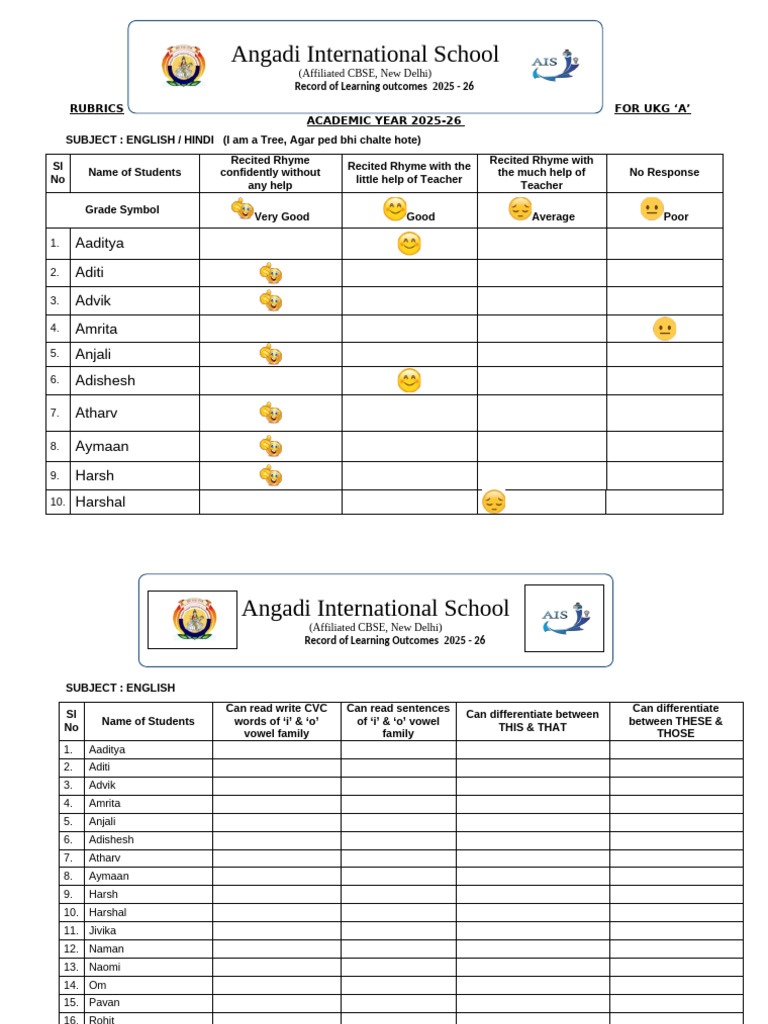 Ukg Rubrics and Check Lists Term 1 to School Teachers | PDF | Collation ...