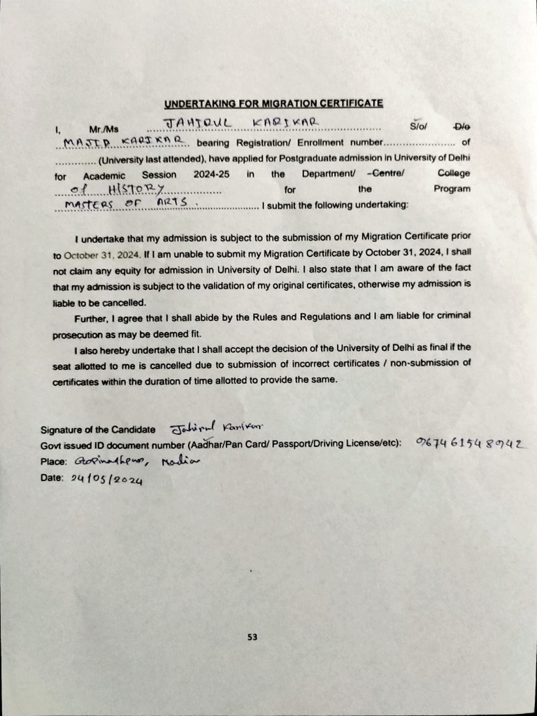 Undertaking For Migration (DU) | PDF