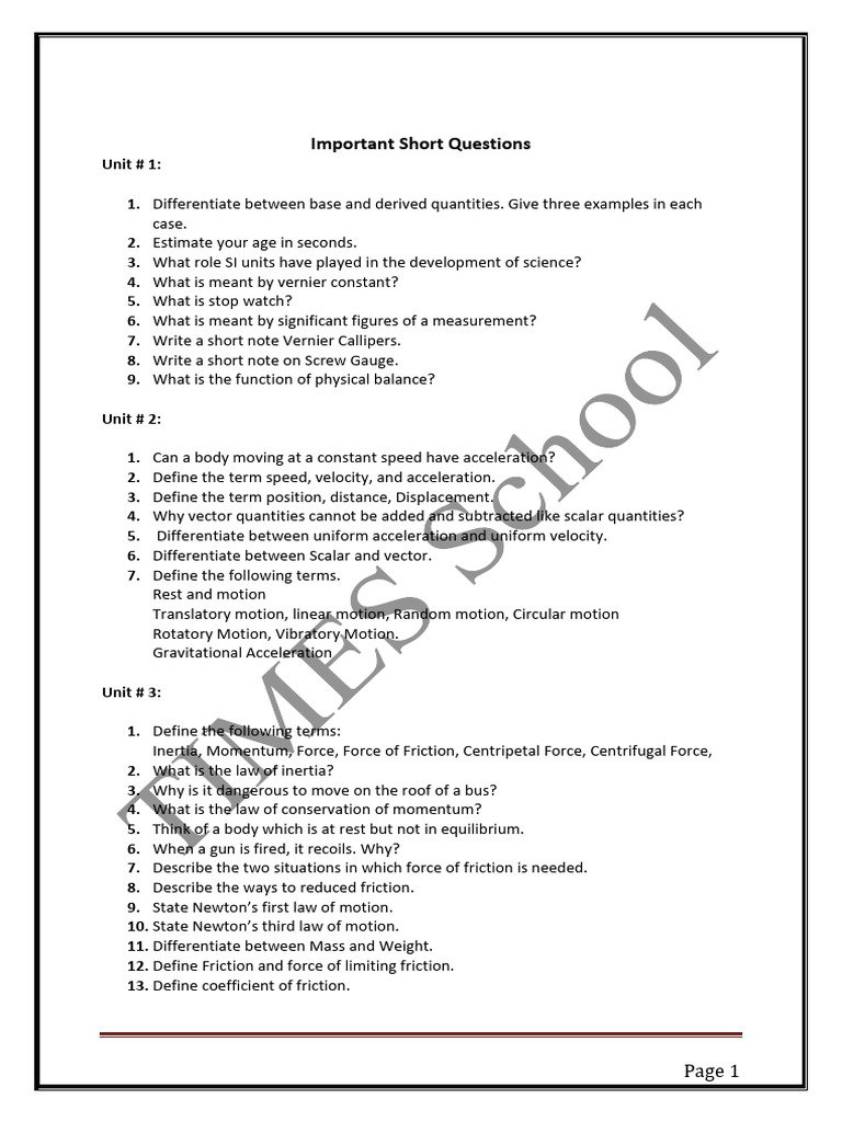 Physics 9th Imp Short Long Questions | PDF | Force | Acceleration