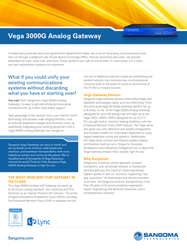 Vega3000 Gateway Datasheet | PDF | Session Initiation Protocol | Voice Over Ip