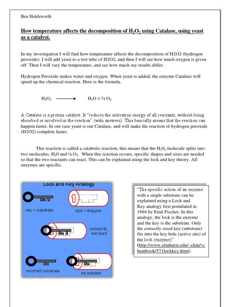The Decomposition of H2O2 Using Catalase | PDF | Chemical Reactions ...