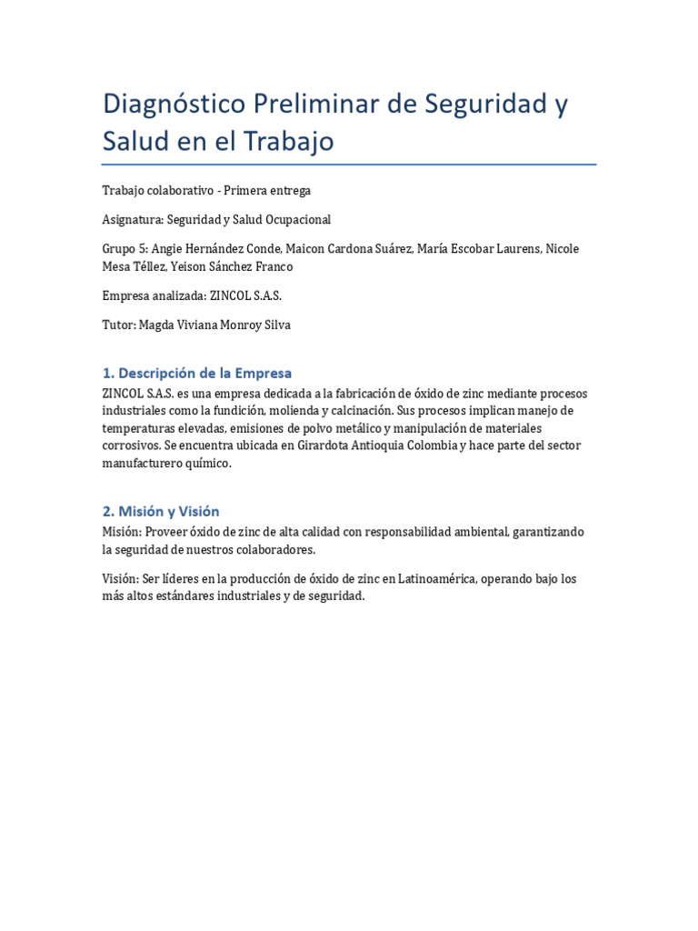 Primera Entrega ZINCOL Grupo5 | PDF | Seguridad y salud ocupacional ...