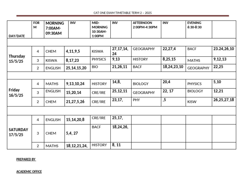 Cat 2 Exam Time Table Term 2 2025 | PDF